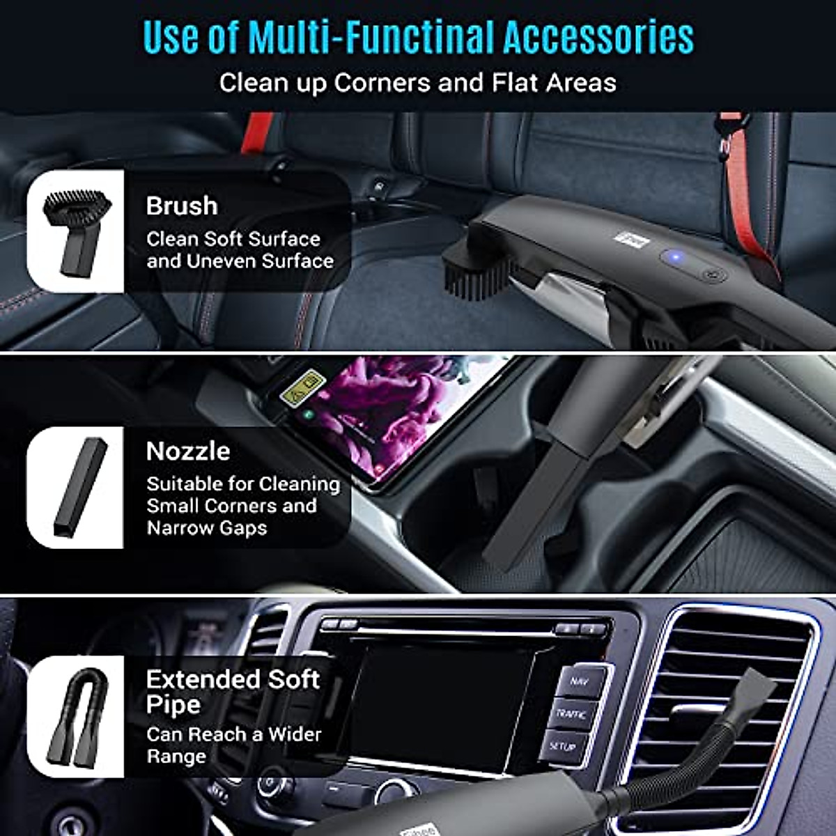 Fjhee Car Vacuum 13.2FT Corded, Portable Car Vacuum Cleaner Strong Suction DC 12V/9500Pa Handheld Vacuums w/4 Attachments for Car Interior Detailing Auto Accessories Cleaning Tool Kit w/Storage Bag