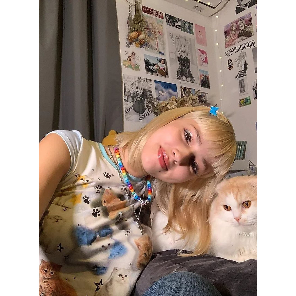 VIKYAN Womens Short Sleeve Cat Graphic Y2k T Shirts Summer Tees Tops for Teen Girls(White, Large)