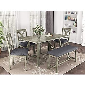 Woanke 6 Pieces Kitchen Dining, Breakfast Nook Set with Wood Table, Padded Bench and 4 Upholstered Chairs, Rustic Style, Gray