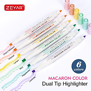 ZEYAR Highlighters, Pastel Colors Dual Tips Marker Pen, Chisel and Fine Tips, 6 Macaron Colors, Water Based, Assorted Colors, Quick Dry (6 Macaron Colors)