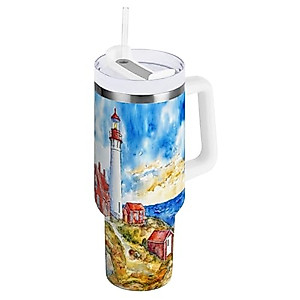 ODAWA Lighthouse Coffee Tumbler Reusable Insulated Water Bottle with Handle Travel Mug
