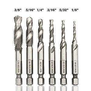 Bestgle Set of 6 SAE Drill Tap Combination Bits HSS Deburr Countersink Bit Set with 1/4 Inch Hex Shank Tool Kit BSW 1/8, 5/32, 3/16, 1/4, 5/16, 3/8