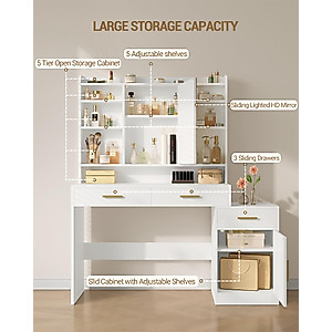 HILINSIE Large Vanity Desk with Light Mirror, Makeup Vanity Dressing Table with 3 Drawers, Adjustable Shelves, Storage Cabinet, Bedroom Vanity Table for Women‘s Day (White)