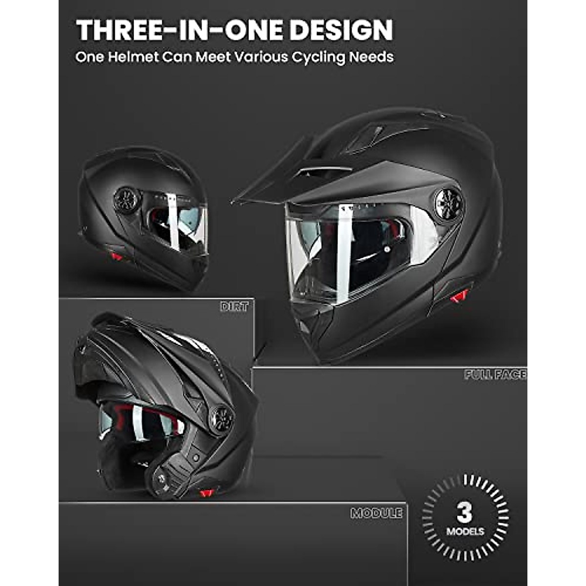 ILM Motorcycle Full Face Modular ATV Helmet Three in One Snowmobile Casco with Pinlock Anti Fog Visor for Men Women DOT Model-909F(Matte Black XXL)