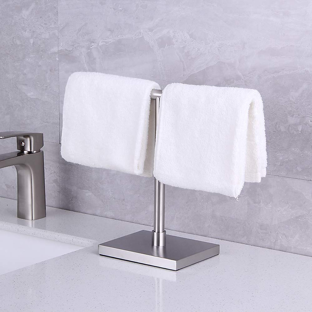 kimzcn Modern Hand Towel Stand for Bathroom, Kitchen or Vanity, Free Standing Countertop Rack with Balanced Base, Perfect Hand Towel Holder Brushed Finish