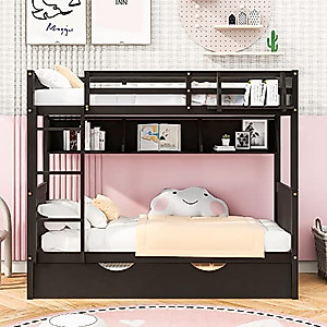 HBRR Twin Over Twin Bunk Bed with Trundle and Bookshelf, Wooden Separable BunkBed Frame for Kids Teens Adults, No Box Spring Needed, Espresso