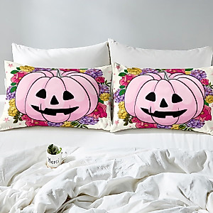 Pink Halloween Bed Sheet Set Full Size Pumpkin Lantern Fitted Sheet for Kids Boys Girls Flower Floral Bedding Set Trick or Treat Bed Cover Deep Pocket Bedroom Bed Set