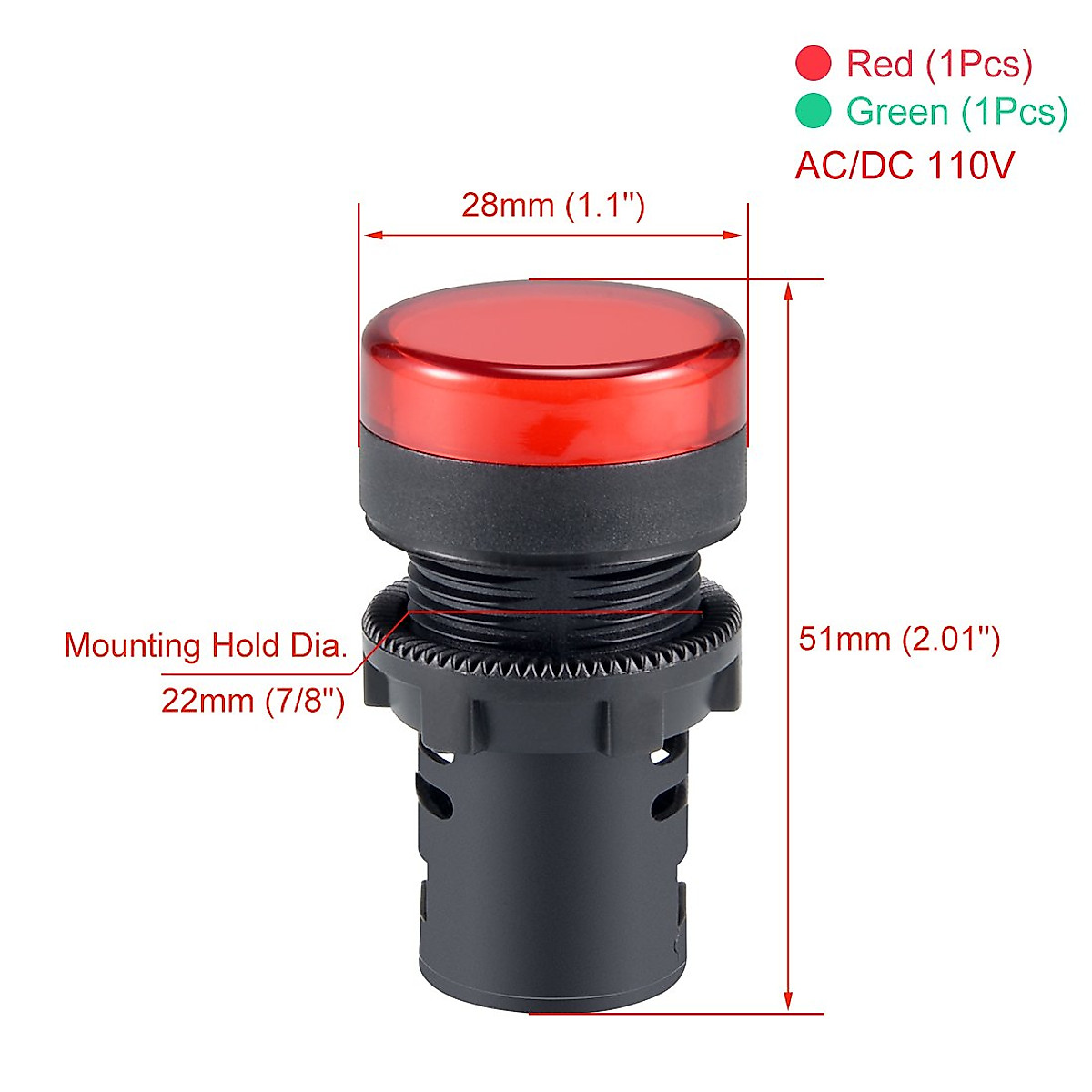 uxcell 2Pcs Red Green Indicator Light AC/DC 110V, 22mm Panel Mount, for Electrical Control Panel, HVAC, DIY Projects