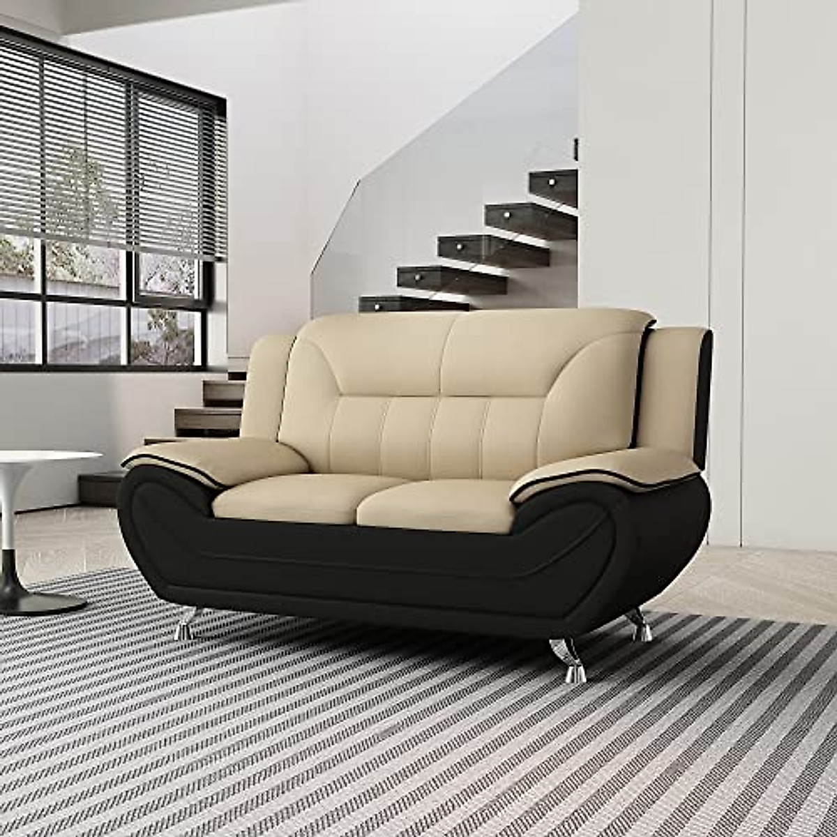 Container Furniture Direct Michael Modern Faux Leather Upholstered Stainless Steel Legs Living Room Loveseat, Camel/Black