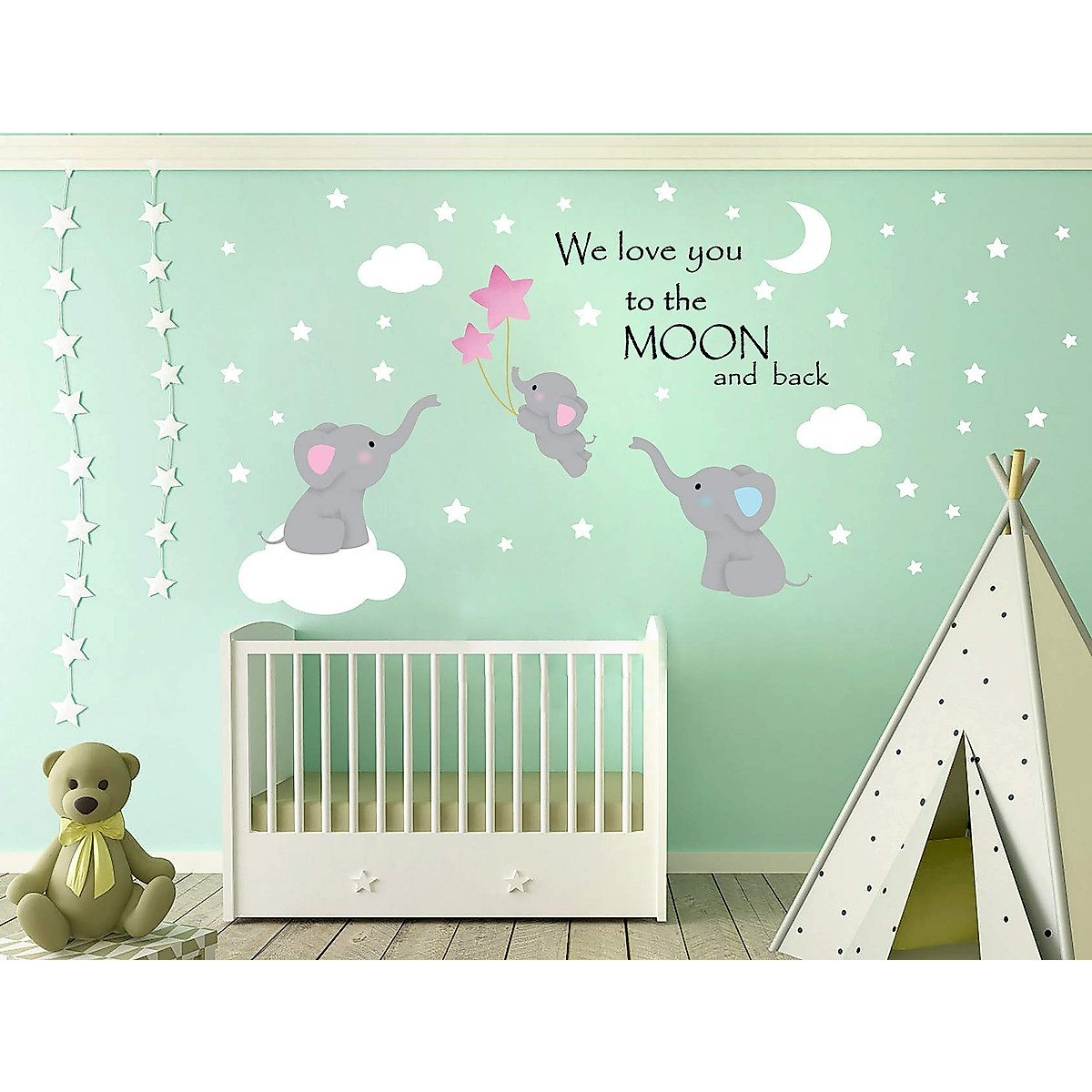 Family Elephant Wall Decal Baby Nursery Decor Kids Room Wall Stickers Large Cute Lovely Elephant Decals with Moon Stars Quote Home Decorations Love You to The Moon and Back 60''W x48''H