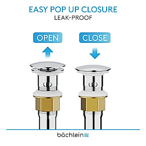 Bächlein Bathroom Sink Drain with Overflow - Sink Stopper with Pop Up Function - Chrome Pop Up Bathroom Sink Drain incl. 3 Extra Seals and Installation Manual - German Brand