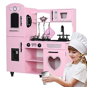 TaoHFE Wooden Play Kitchen Kids Kitchen Playset Toy Kitchen Sets for Girls Gift Kids Kitchen Playset Pink Toddler Kitchen for Kids Age 3+ Pretend Play with Lights & Sounds (Pink)