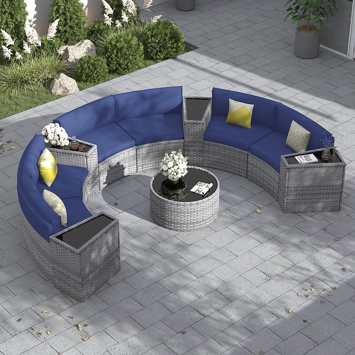 Amopatio Outdoor Patio Furniture Sets, 11 Pieces Curved Patio Sectional Couch with Storage Armrest Table and 4 Pillows, Curved Outdoor Sofa Fit Porch Poolside (Included Waterproof Cover)