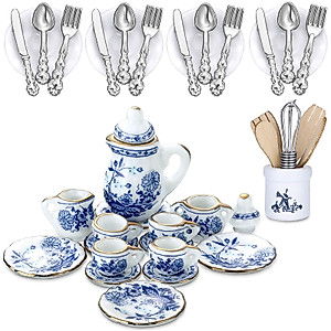 37 Pieces 1:12 Scale Miniatures Dollhouse Kitchen Accessories Include 16 Mini Doll Plates Knife Fork Spoon, 6 Mini Egg Beater Utensil, 15 Mini Tea Cup Set for Doll Toy Supplies (Blue Porcelain)