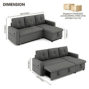 FREDEES Sectional Sofa L-Shaped Sofa Couch Bed with Chaise & USB,Couch Sleeper Pull Out Bed & Storage Space, 3-seat Fabric Convertible Sofa, Pull Out Couch for Living Room, Grey