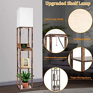 【Upgraded】Floor Lamp with Shelves,Shelf Floor Lamps for Living Room with Wireless Charger, Floor Lamps for Bedroom with USB A+C Charging Ports and 2 AC Outlet, Brown Wood Lamp for Living Room, Bedroom