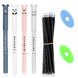 cobee® Erasable Gel Pens, 4 Pieces 0.5mm Erasable Gel Ink Pens with 20 Pieces Refills and 2 Eraser Cute Cartoon Animal Rollerball Pens for Drawing Writing School Office Gift Supplies (Black ink)