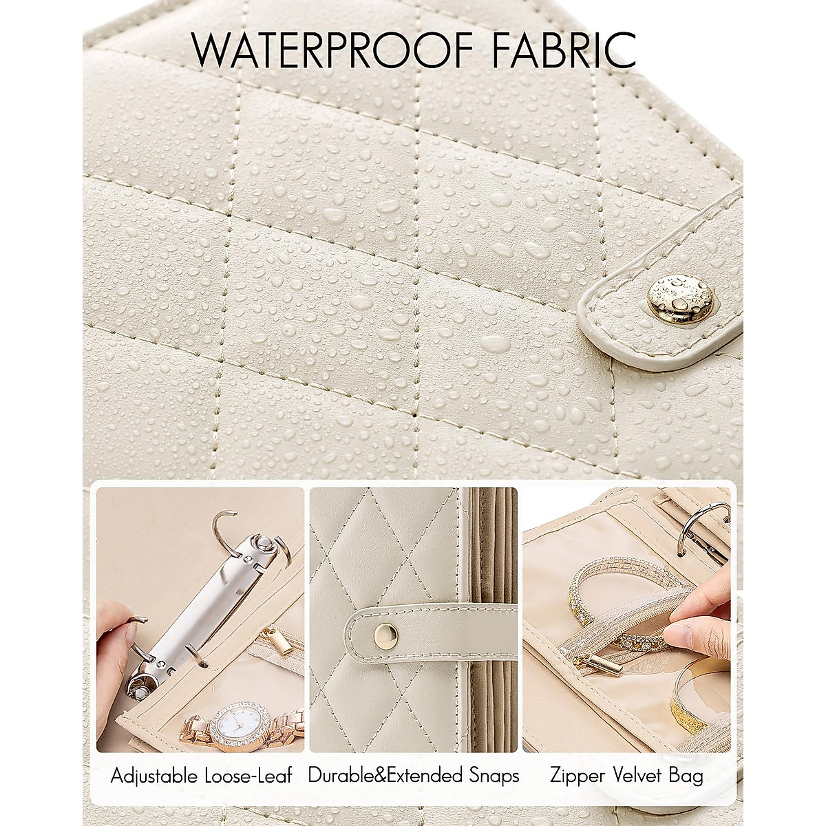 Vlando Travel Jewelry Organizer Case, Jewelry Storage Book Ring Binder with Clear Zipper Velvet Jewelry Pouches Bags for Rings,Necklace,Earrings,Christmas Gifts for Women-Cream White