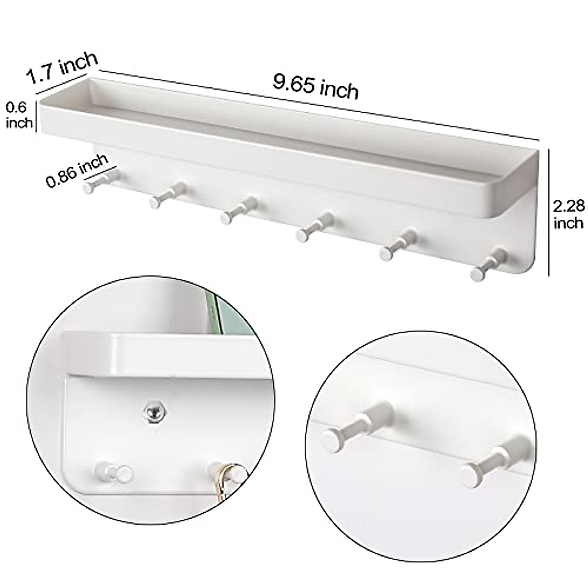 PXKOSA Key Holder for Wall, 6 Hooks Key Holder, Mail and Key Holder Wall Mount, Key Hooks with Tray, Metal Key Rack for Hallway, Kitchen, Bathroom, Office (White)