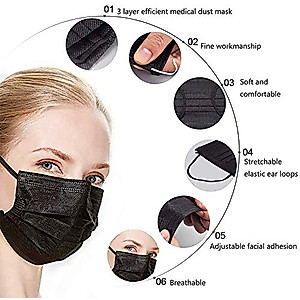 SHOOTUP 100 Pack 3 Ply Black Disposable Face Masks, Adult Women Men 3 Layers Breathable Masks, Dust-proof