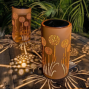 pearlstar Outdoor Solar Table Lamp 2pack Metal Dandelion Solar Lantern Lights, Retro Orange Finsih, Outside Decor for Patio Garden Yard Pathway Tabletop Waterproof(Dandelion)