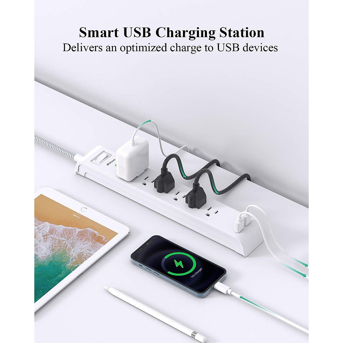 2 Pack Power Strip - 12FT Long Extension Cord, Surge Protector with 6 Outlets and 2 USB Charging Ports, Flat Plug Overload Protection, (1625W/13A/900J), Wall Mount for Home Office and Dorm, ETL Listed