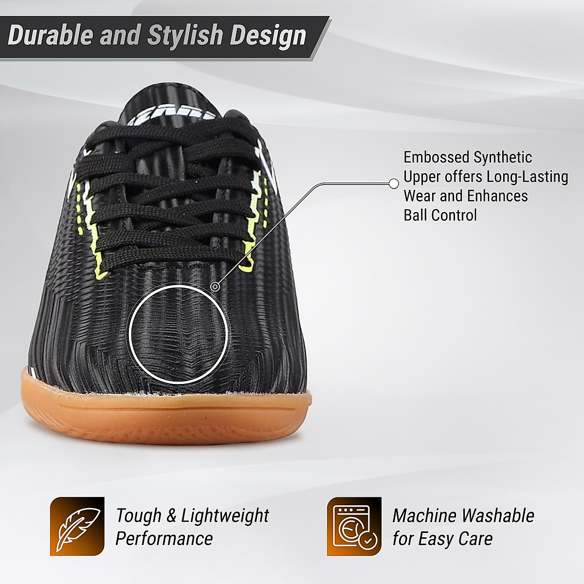 Vizari Tesoro Kids Indoor Soccer Shoes | Synthetic Kids Soccer Cleats | Durable Football Shoes with Non-Marking Rubber Outsole for Maximum Traction for Boys and Girls, (Black, 13.5)