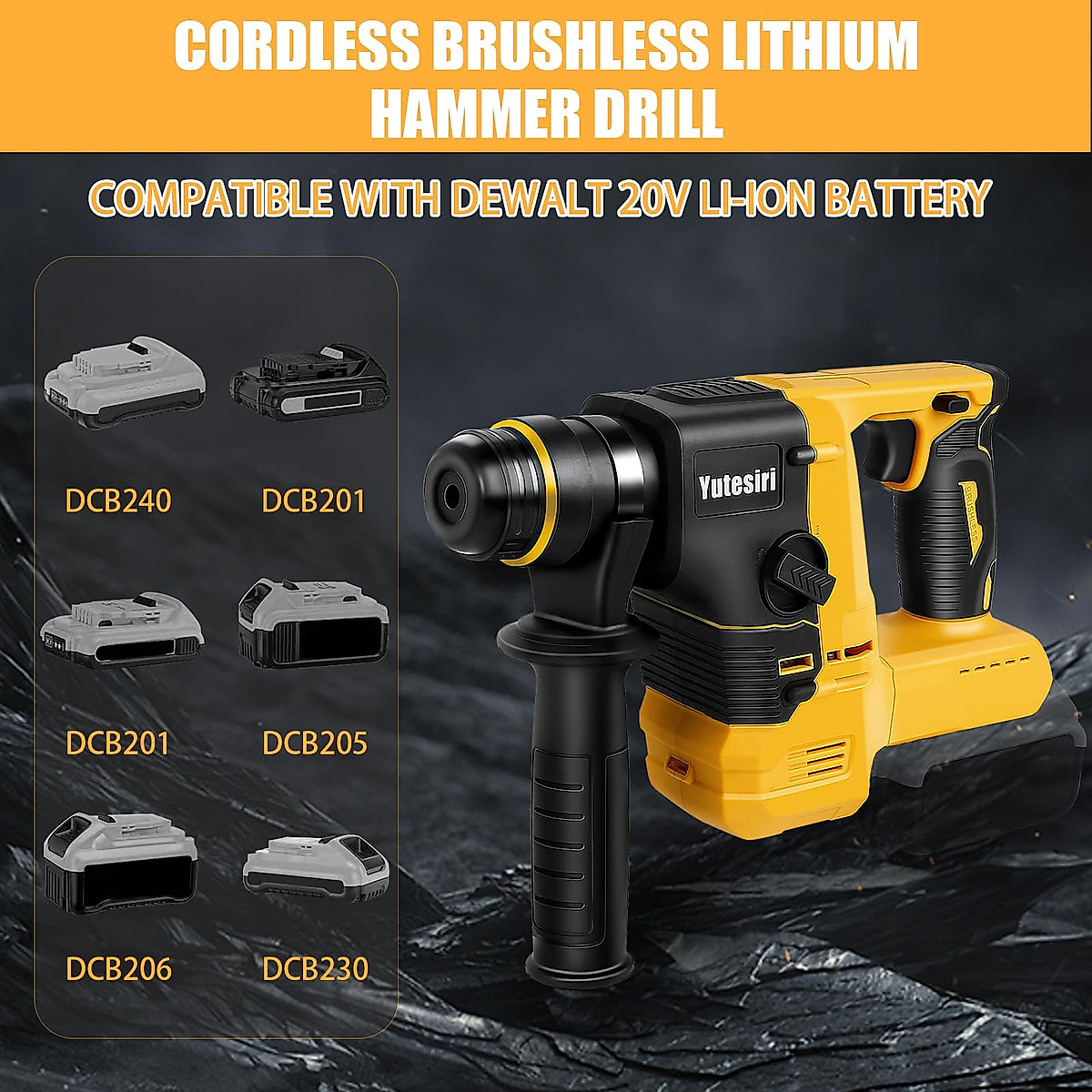 Yutesiri Rotary Hammer Drill for Dewalt 20V MAX Battery, Brushless Cordless with Safety Clutch for Concrete/Masonry,1400 RPM,2 Application Modes with 360°Auxiliary Handle, Including 4 Drill Bits