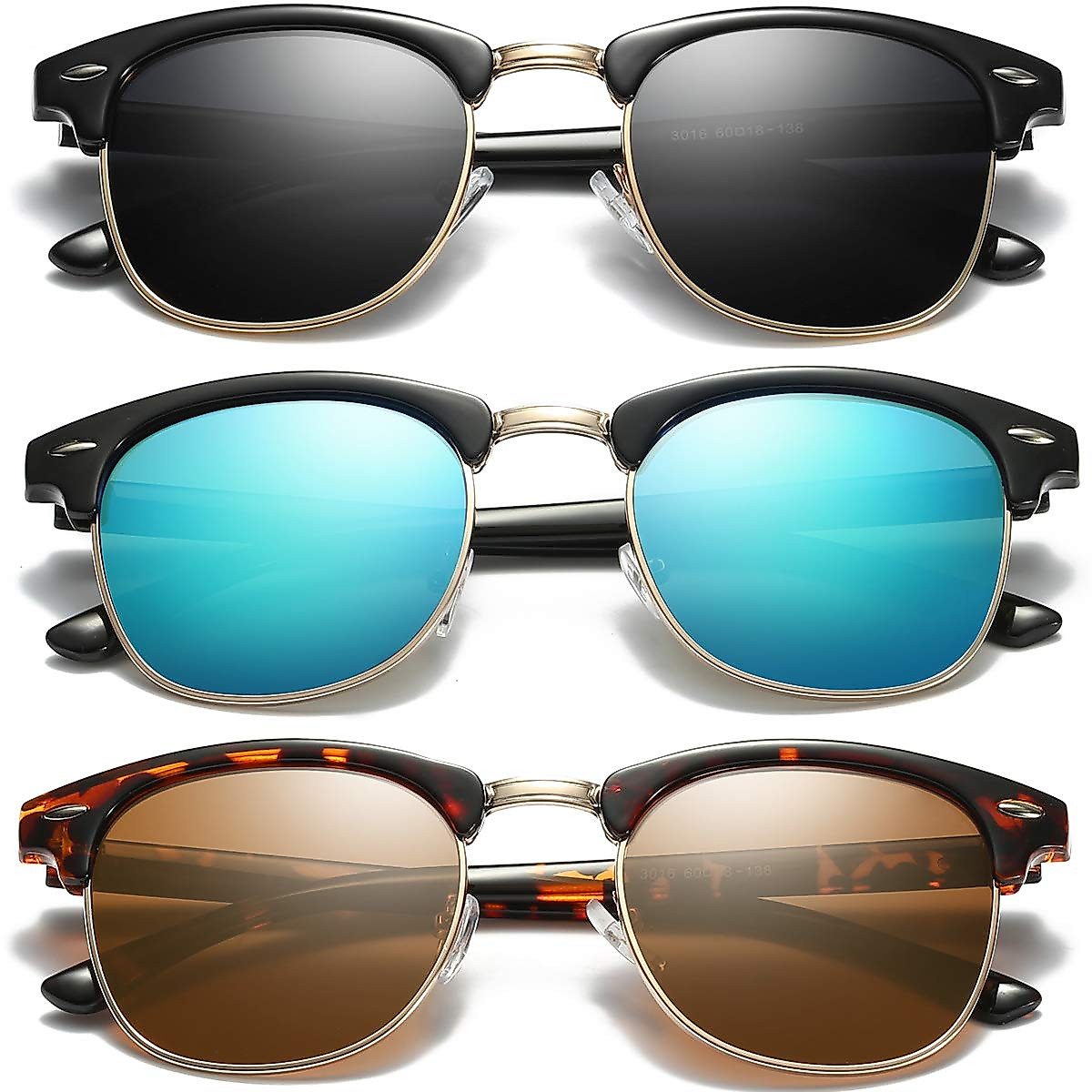 Hilbalm 3 Pack Polarized Sunglasses for women men UV400 Glasses (Black frame-gray lens/Black frame-blue lens/Leopard Frame-Brown Lens)