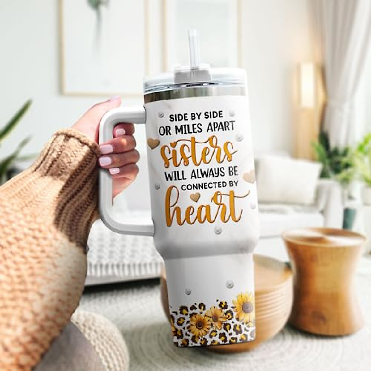 99OWL Sister Rainbow Sunflower Leopard, Tumbler 40 Oz With Handle Lid And Straw, Sister Gifts, Print Funny Tumblers Black Women From Sisters Cups Handle For Heart Little Coffee