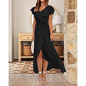 BTFBM Women's Summer Chiffon Maxi Dresses Deep V Neck Ruffle Short Sleeve Beach Party Cocktail Flowy Wrap Dress with Belt(Solid Black, Medium)