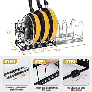 Expandable Pots and Pans Organizer Rack for Cabinet【Updated】10 Dividers, Adjustable Pot Pan Lid Holder, Multi-Functional Frying Pan Drying Rack, Cutting Board Holder Rack(Black)