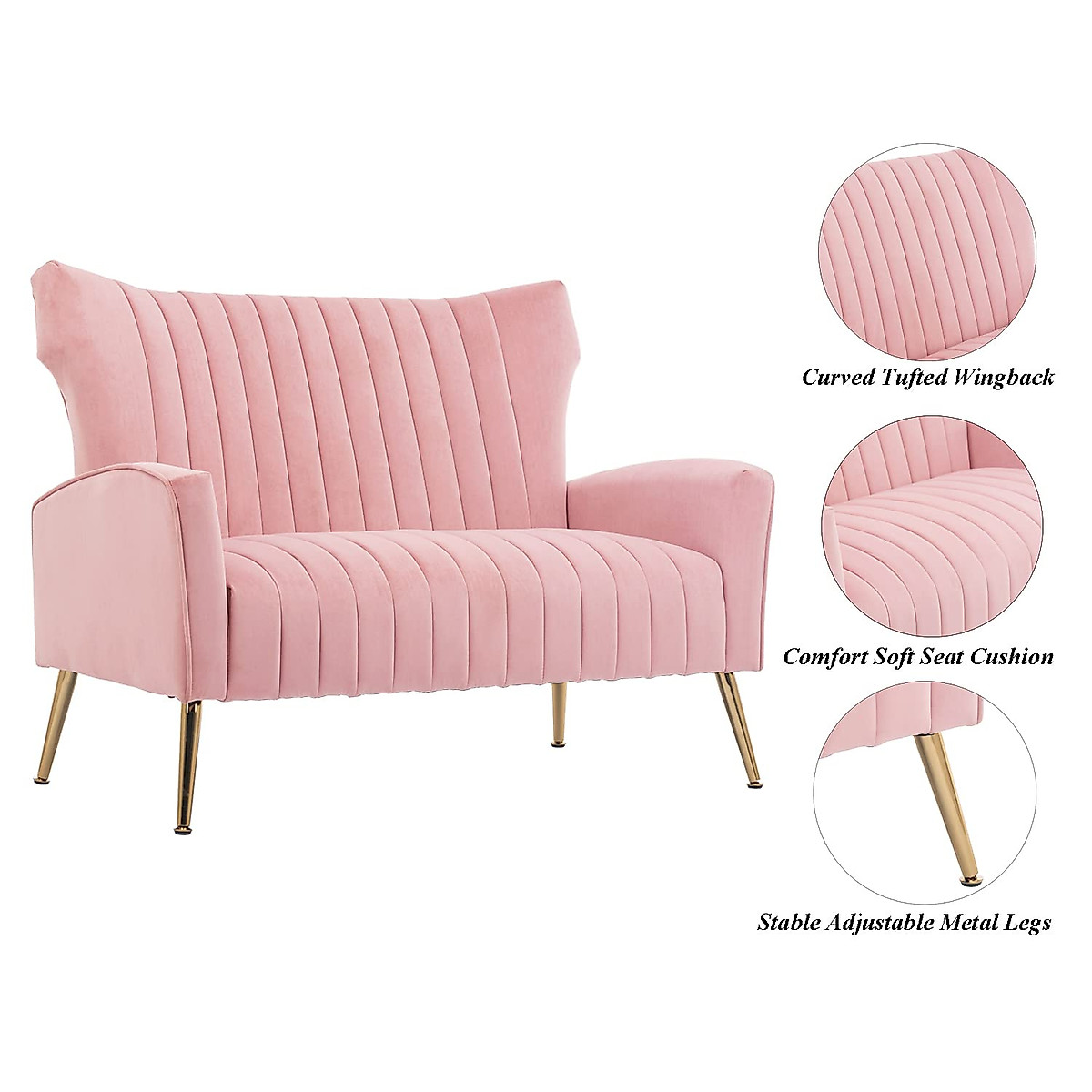 Altrobene Velvet Couch Modern Wingback Loveseat Tufted Luxury Sofa with Gold Legs for Living Room/Bedroom, Light Pink