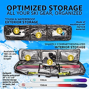 Zipline Ski Double Ski Bag with Wheels - Gear & Apparel Storage for Skiers - 180/200 cm Capacity - Durable & Waterproof Backpack - Proven Performance - 3 Yr Warranty - Ski & Snowboard Travel Bag