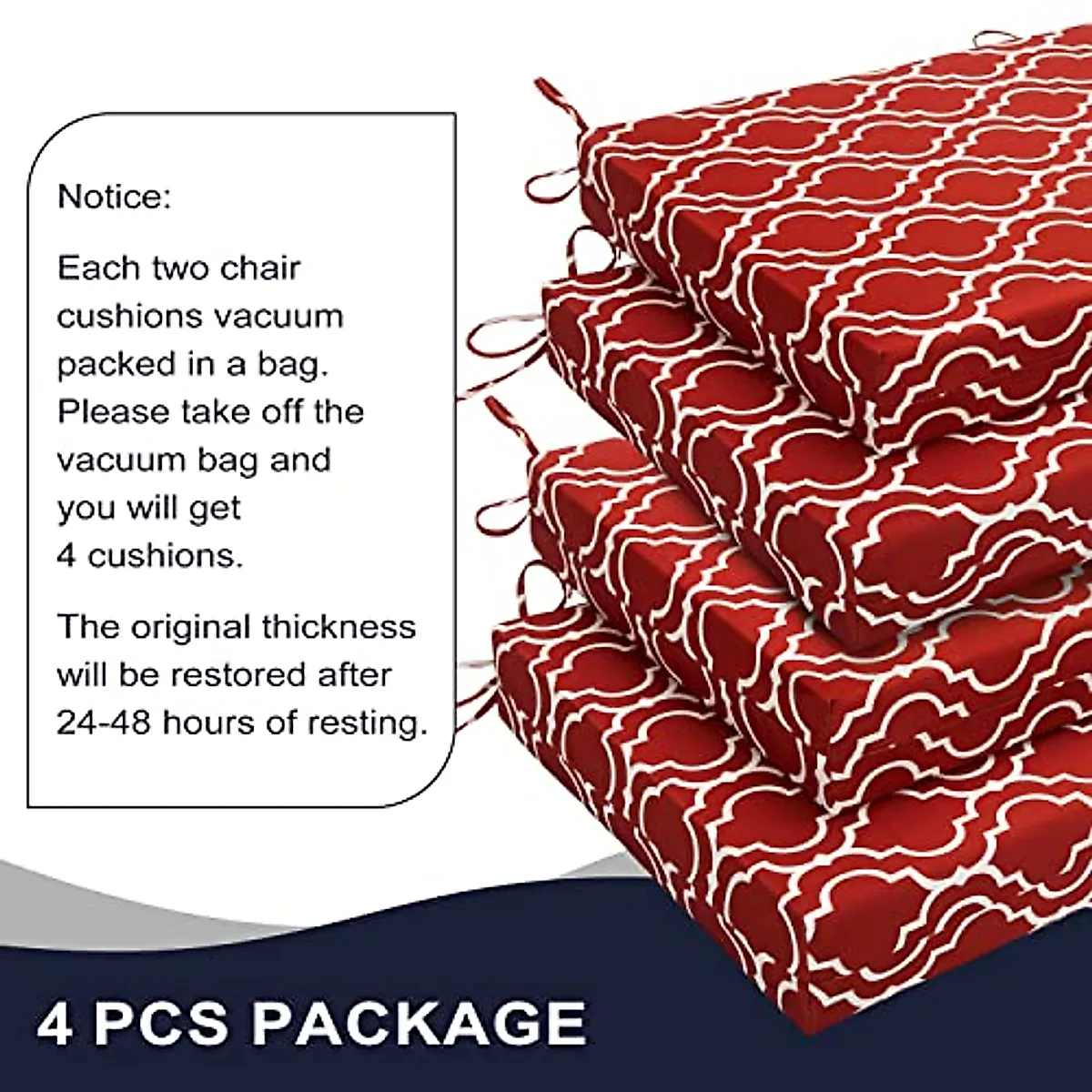 Basic Beyond Outdoor Chair Cushions for Patio Furniture, Waterproof Outdoor Cushions, Square Corner Patio Chair Cushions Set of 4 with Ties, 18.5"x16"x3", Trellis Red