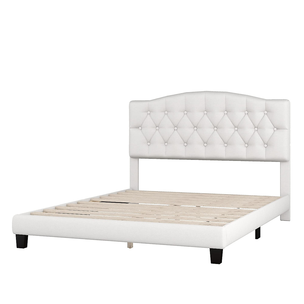 Modern Beige Queen Bed Frame Linen Upholstered Platform Bed with Headboard Solid Wood Queen Size Bed Frame Mattress Foundation Diamond Tufted Details Sturdy Wood Slat Support No Box Spring Needed