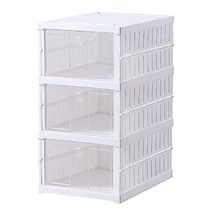 Foldable Shoe Storage Boxes - SYNCVIBE 3 Pack Shoe Storage Organizer with Clear Door Plastic Stackable Shoe Containers Bins with Lids for Closet Space Saving Foldable Sneaker Containers Bins Holders Hat Organizer (3 Pack, White)