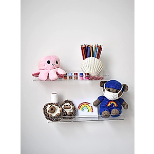 Dino74 Thick Clear Acrylic Floating Shelves – Set of 4 Invisible Spice Lip Shelf, Wall Mounted Bathroom Storage, Nursery Kids Bookshelf, Toys Display, Room Décor for Living Room, Bedroom