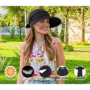 Verabella Womens Beach Hat Summer 𝗟𝗶𝗴𝗵𝘁𝘄𝗲𝗶𝗴𝗵𝘁 𝗦𝘂𝗻 𝗵𝗮𝘁 for Hiking Sun Protection 2 in 1 Visor Sun Protection Hat (Black)