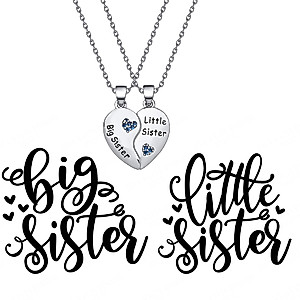 BAUNA Matching Big Sis Little Sis Heart Necklace Set Sister Necklace for 2 Gift for Sister Family Best Friends (Sister Necklace Set)
