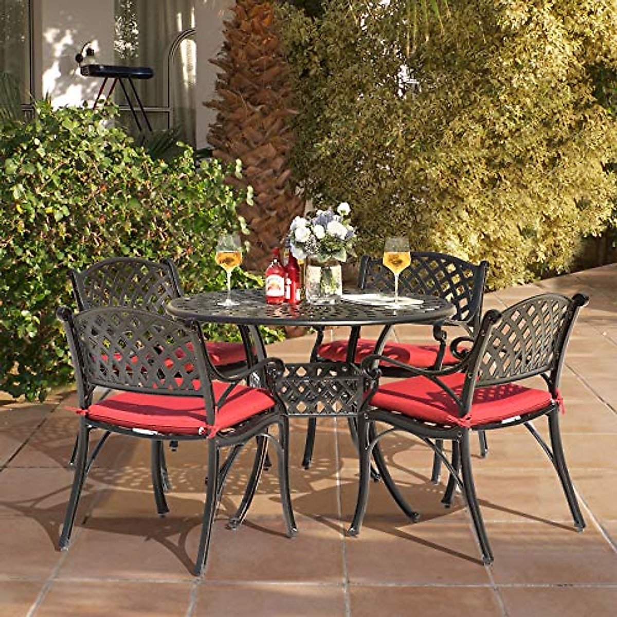 Nuu Garden 5 Pieces Outdoor Patio Dining Sets with Cushions, Cast Aluminum Round Outdoor Conversation Furniture Set for Balcony, Black with Antique Bronze at The Edge, Red
