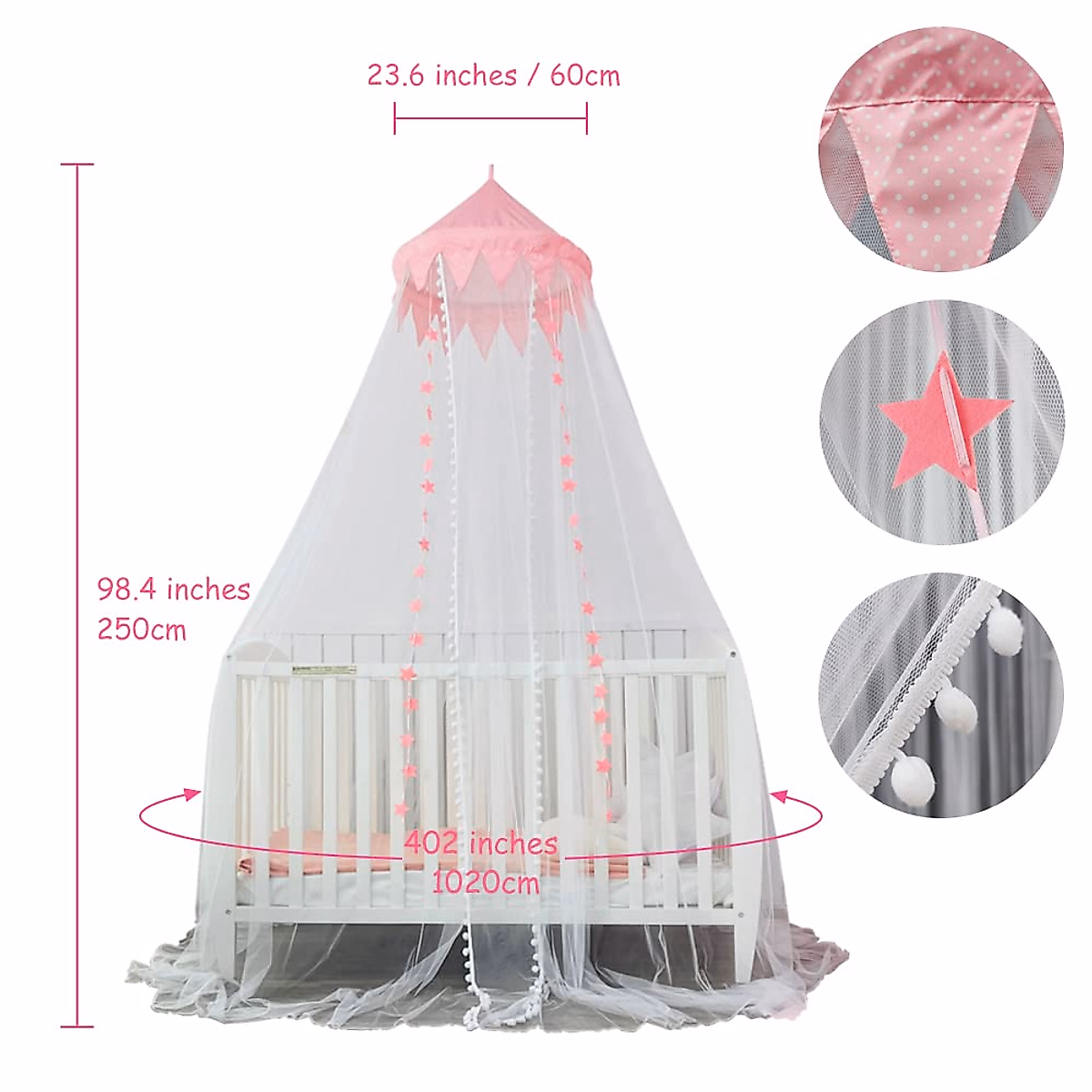 Bed Canopy for Kids - Bed Canopy Mosquito Net with Pom Poms and Felt Stars by Kiddigard - Bed Canopy for Girls - Bed Canopy Baby - Bed Canopy Set.