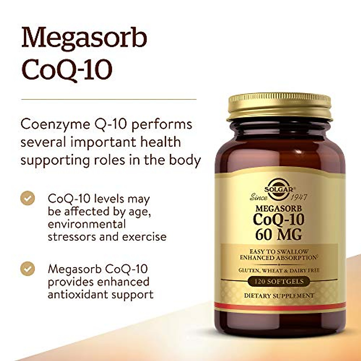 Solgar Megasorb CoQ-10 60 mg, 120 Softgels - Supports Heart & Brain Health - Coenzyme Q10 Supplement - Enhanced Absorption, Easy to Swallow - Gluten Free, Dairy Free - 120 Servings
