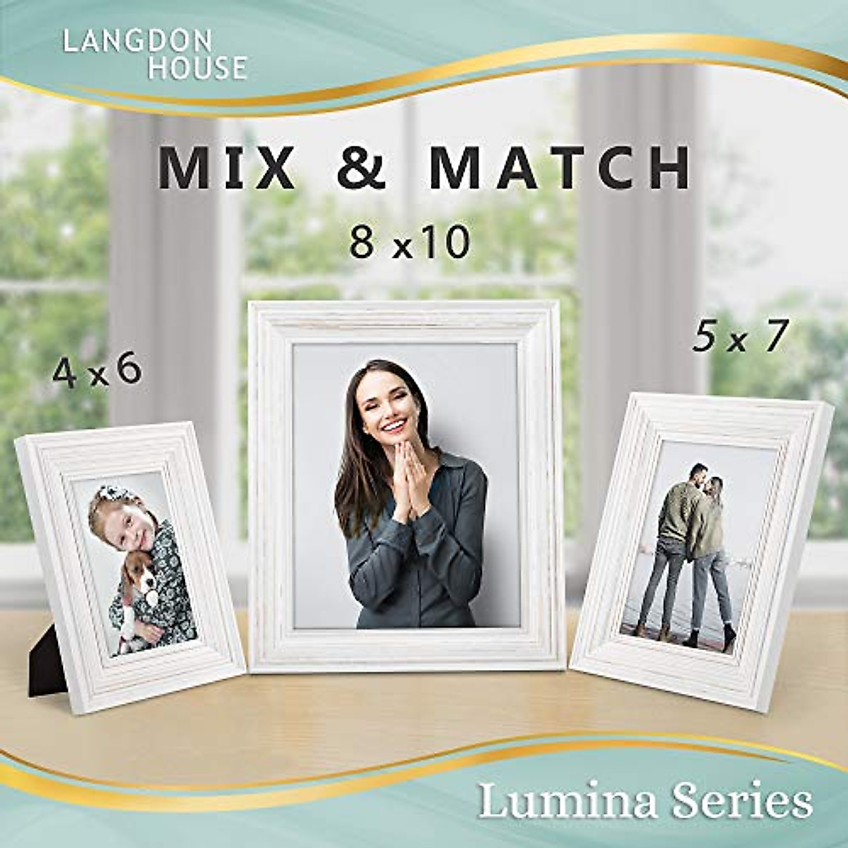 Langdon House 8x10 Real Wood Picture Frames (Weathered White - Gold Accents, 2 Pack), French Country Style Wooden Photo Frame 8 x 10, Lumina Collection