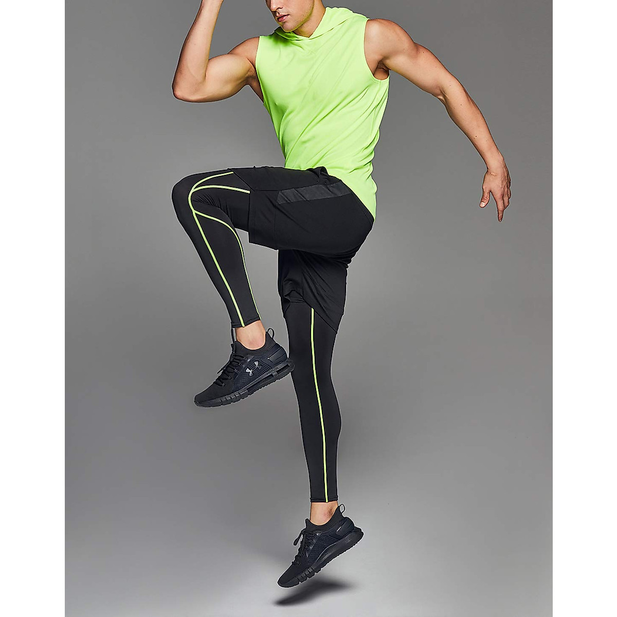 ATHLIO Men's Compression Pants Running Tights Workout Leggings, Cool Dry Technical Sports Baselayer, Pocket 2pack Leggings Black & Neon/Charcoal, Medium