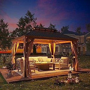 GAZEBEST 10'x12' Hardtop Gazebo Outdoor Aluminum Patio Gazebo Double Roof Galvanized Steel Gazebo Canopy Wooden Finish Coated with Netting and Curtains,for Garden Patio,Patio Backyard,Deck and Lawns
