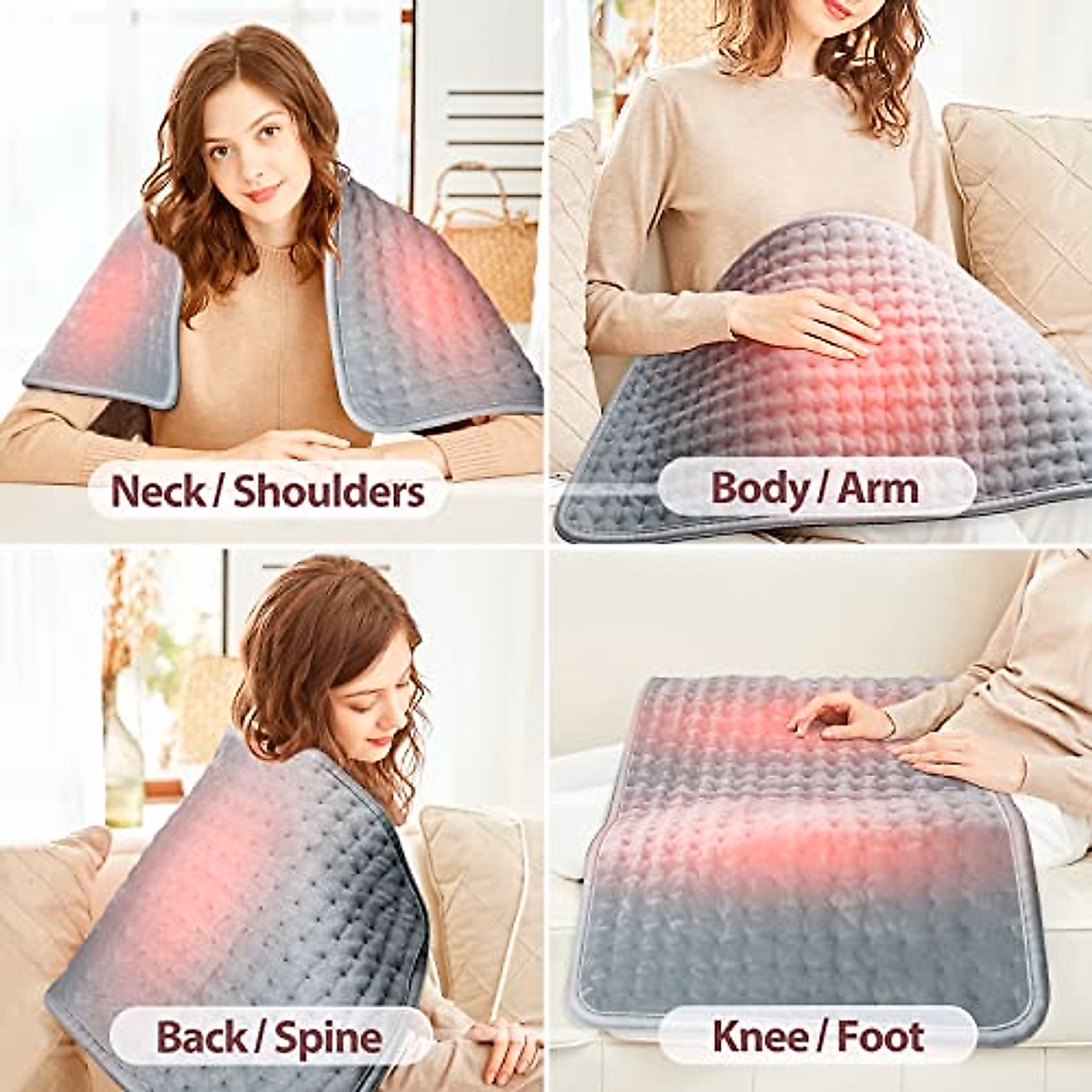 Heating Pad, 10 Heat Settings & 3 Timer Settings with Auto Off, Wet & Dry Heat Therapy Electric Heating Pad, Relieves Back, Neck, Shoulder & Abdominal Pain Heat Pad, Machine Washable, 12" x 24"(Grey)