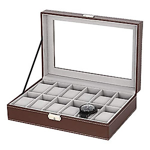 LIANTRAL Watch Box, 12-Slot Leather Watch Case Organizer Watch Holder for Men, Glass Top (Brown)