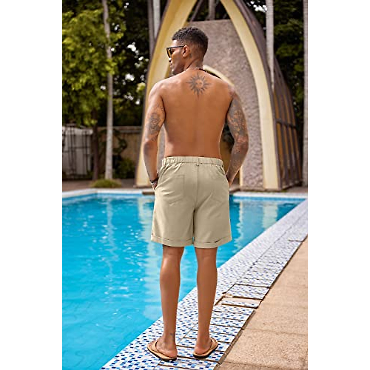 COOFANDY Men’s Linen Casual Shorts Classic Fit 7" Summer Beach Shorts Elastic Waistband with Pockets, Khaki, Medium