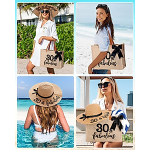 Percozzi 30th Birthday Gifts Her Tote Bag 30 & fabulous Hat and Glasses Summer Beach Party Vacation Supplies Straw Sun Black Decorations Set of 3